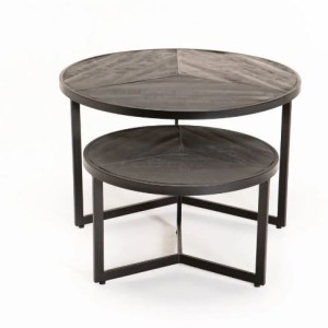 Novafurn Modern Nesting Set of 2 Round Black Rustic Top, Black Metal Frame Solid Wood Coffee ...