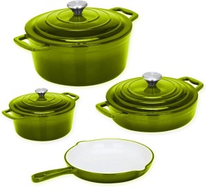 Online Oasis Dolphin 7 Piece Cast Iron Cookware Set - Green Pot with ...