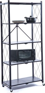 MHC 5 Tier Folding Storage Organizing Rack with Wheels-Black Steel Rack ...
