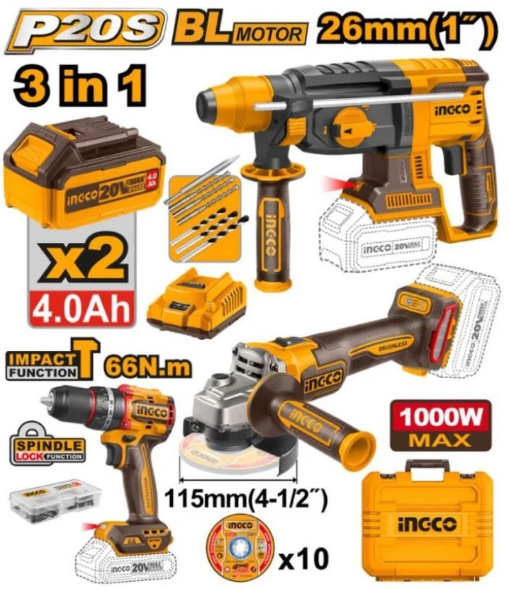 Ingco Cordless Impact Drill, Angle Grinder and Rotary Drill 20V Combo ...