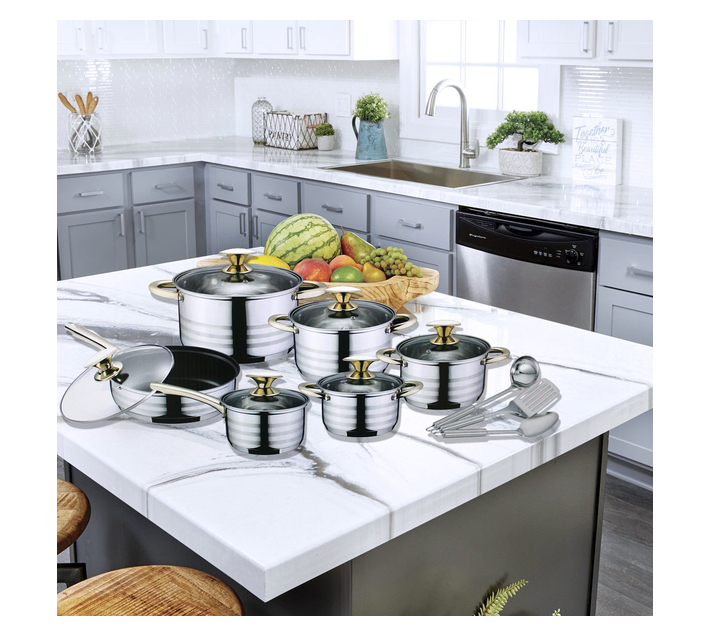 15 Piece Stainless Steel Heavy Bottom Cookware with Golden Handle Set ...