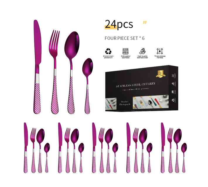 LMA Branded 24 Piece Checkered Finish Cutlery Set & Noir Storage Box ...