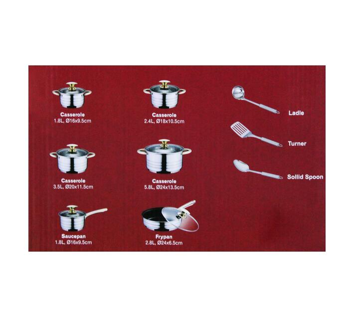 15 Piece Stainless Steel Heavy Bottom Cookware with Golden Handle Set ...