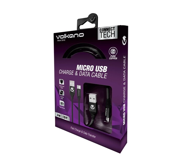 Volkano 3 m Fabric Braided Micro USB Cable Black VK-20146-BK | Chargers & Power | Accessories ...