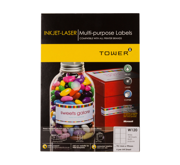 Tower Tower Inkjet Laser Labels W120 - 93.1X99.1MM (6UP) 100 Sheets ...